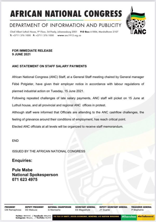 ANC staff to picket at ANC offices countrywide over unpaid salaries