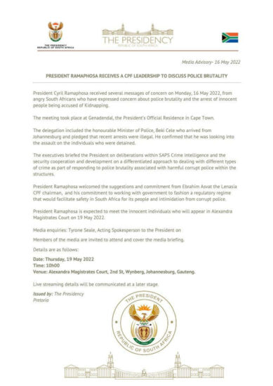 Ramaphosa letter to Lenasia CPF leadership on kidnapping is fake