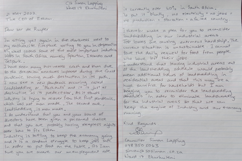 Eskom is bludgeoning business to death, says councillor in note