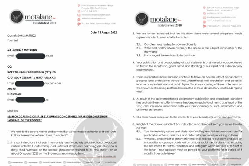 Thami Dish serves Mohale legal letter, seeks R1m in damages