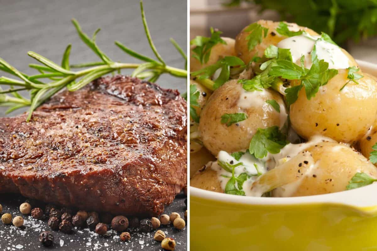 Pepper crusted ostrich fillet with whipped feta and crispy roast potatoes