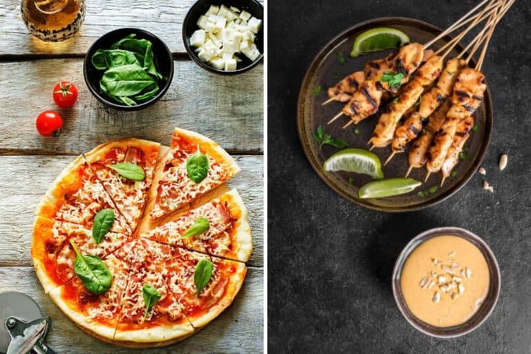 2 quick air fryer meal ideas: Pitta pizza and Satay chicken skewers