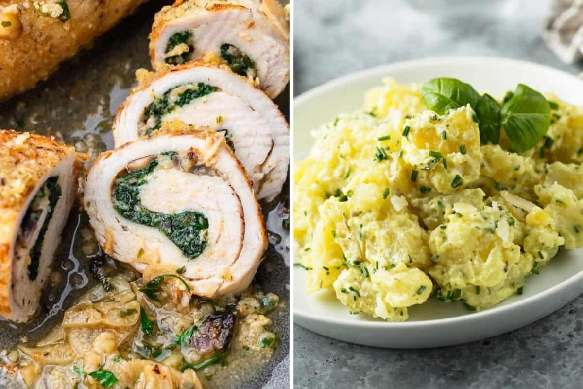 Spinach & mushroom chicken roulade with pesto potato & green bean salad