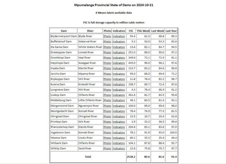 Mpumalanga dam levels continue to drop. Here’s where they stood this ...
