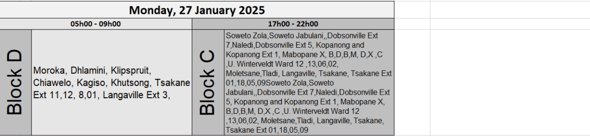 Here is your load reduction schedule for the rest of January