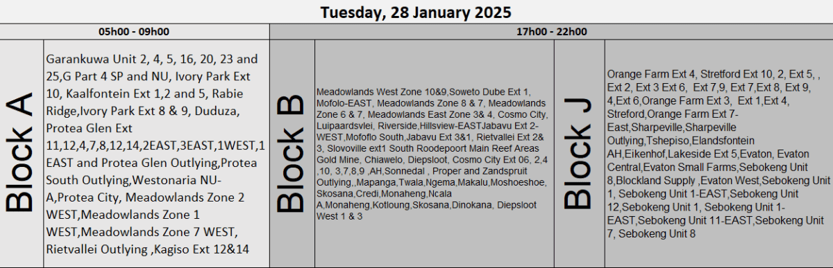 Here is your load reduction schedule for the rest of January