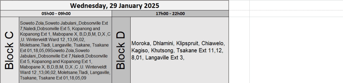 Here is your load reduction schedule for the rest of January
