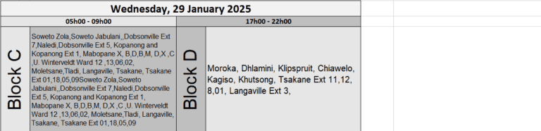 Here is your load reduction schedule for the rest of January