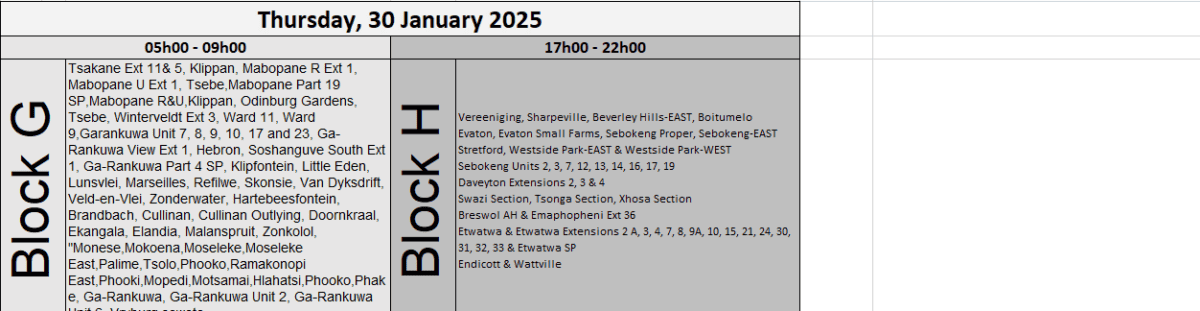 Here is your load reduction schedule for the rest of January