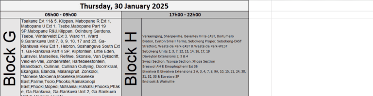 Here is your load reduction schedule for the rest of January