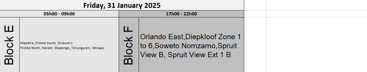 Here is your load reduction schedule for the rest of January