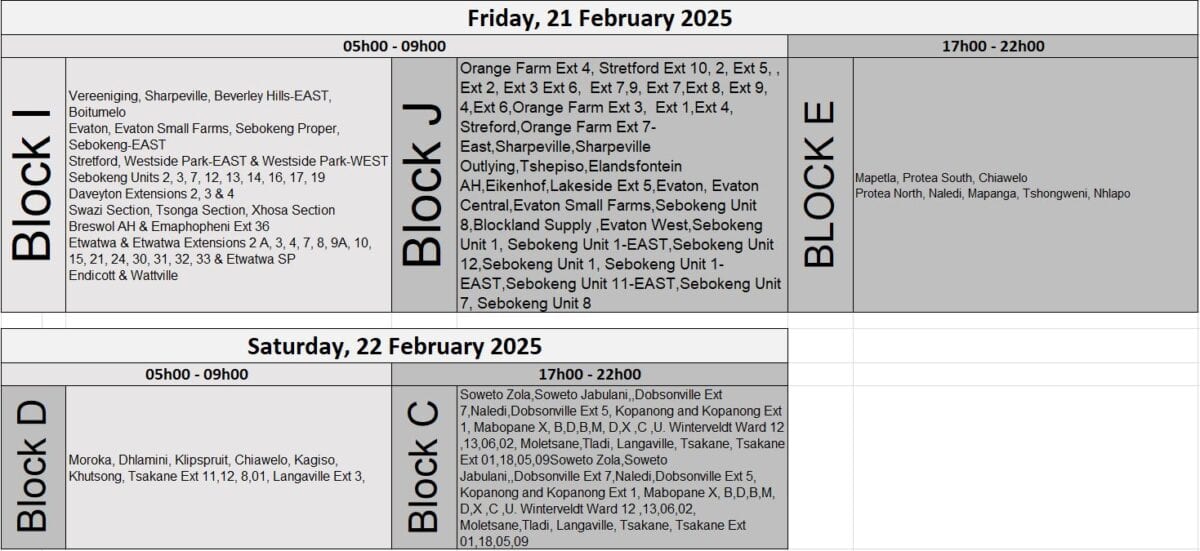 Here’s this week’s Eskom load reduction schedule