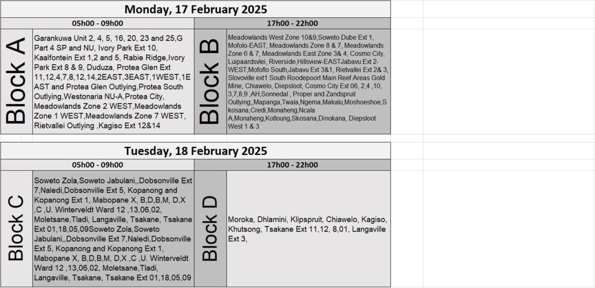 Here’s this week’s Eskom load reduction schedule