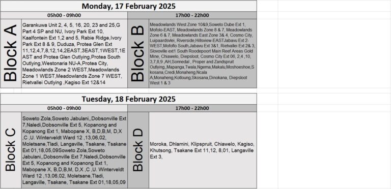 Here’s this week’s Eskom load reduction schedule
