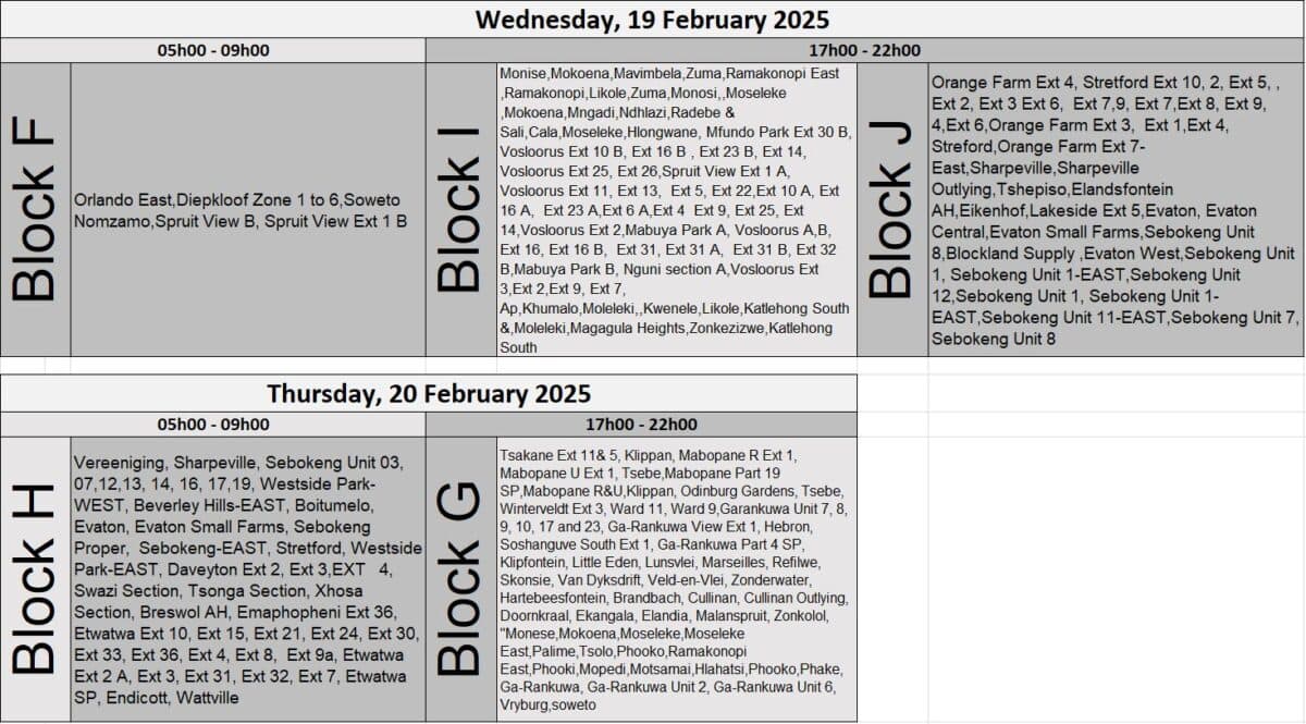 Here’s this week’s Eskom load reduction schedule