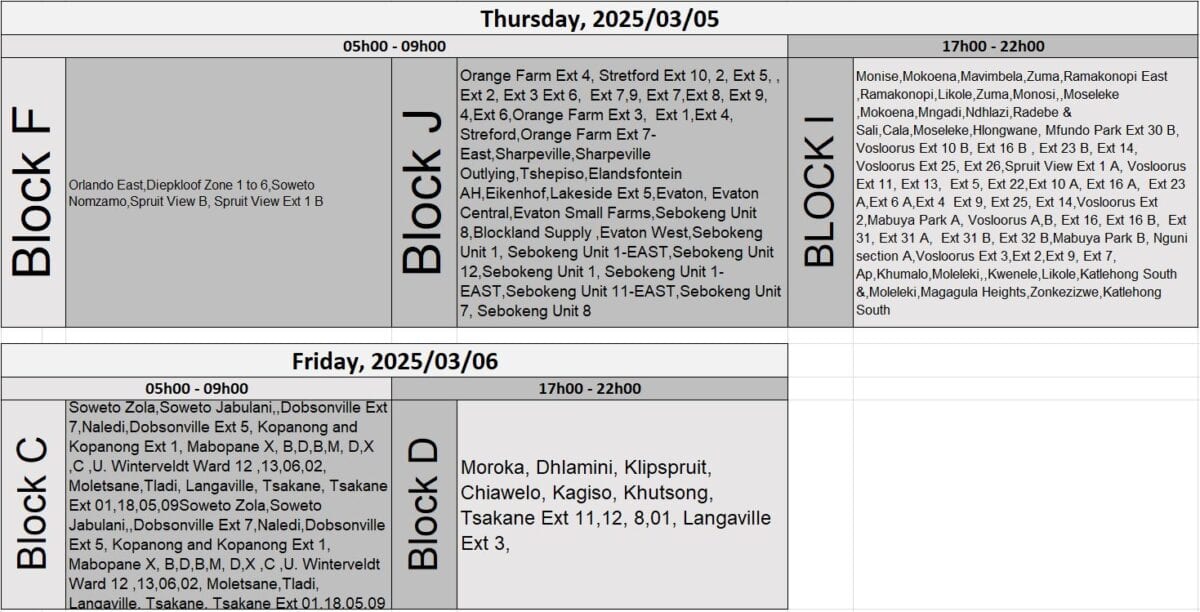 Here’s your weekly Eskom load reduction schedule