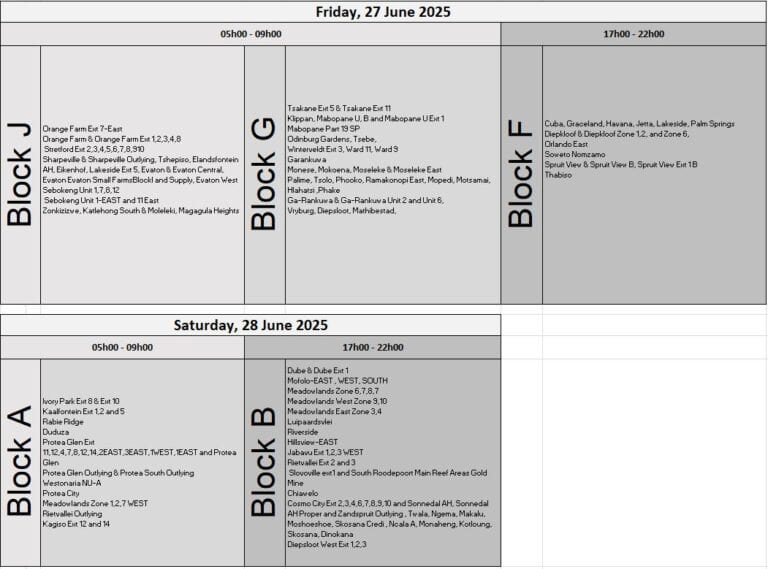 Gauteng's Eskom load reduction schedule for the rest of June