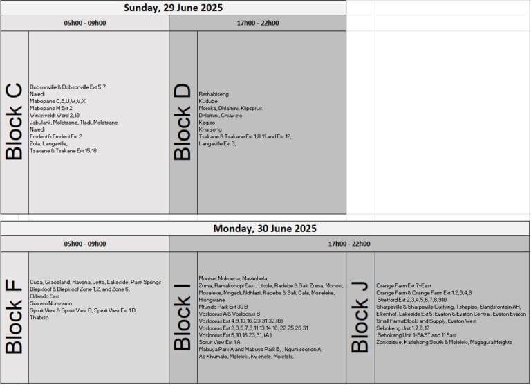 Gauteng's Eskom load reduction schedule for the rest of June