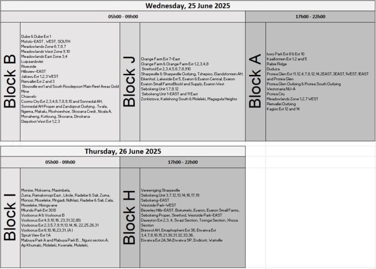 Gauteng's Eskom load reduction schedule for the rest of June