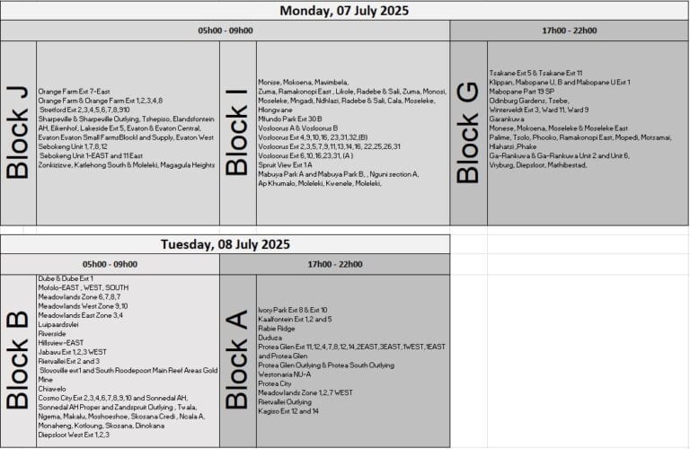 Here’s Eskom's load reduction schedule for Gauteng this week